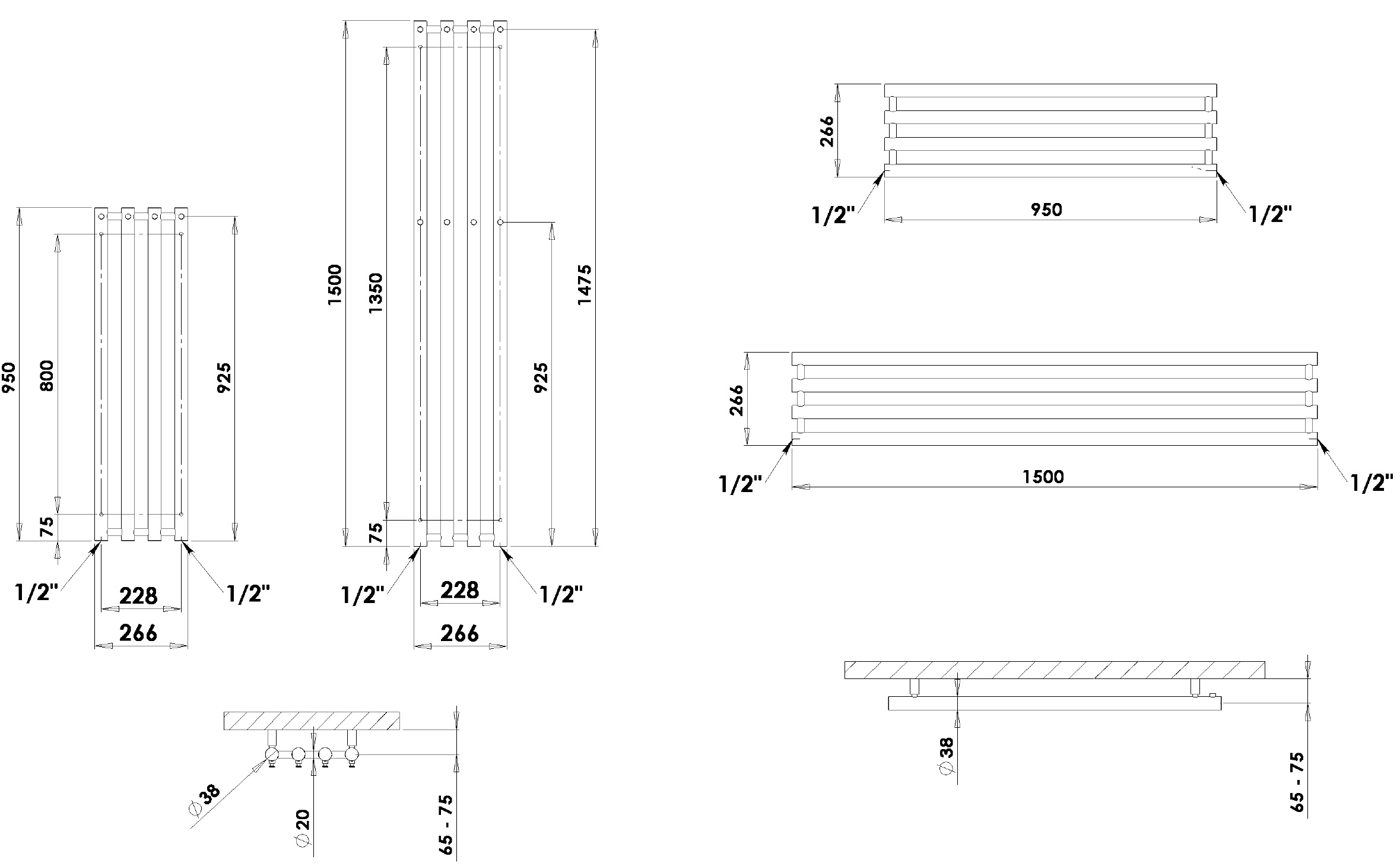 Koupelnový radiátor PMH Rosendal 266x950mm, Nerez | TOPENILEVNE.CZ